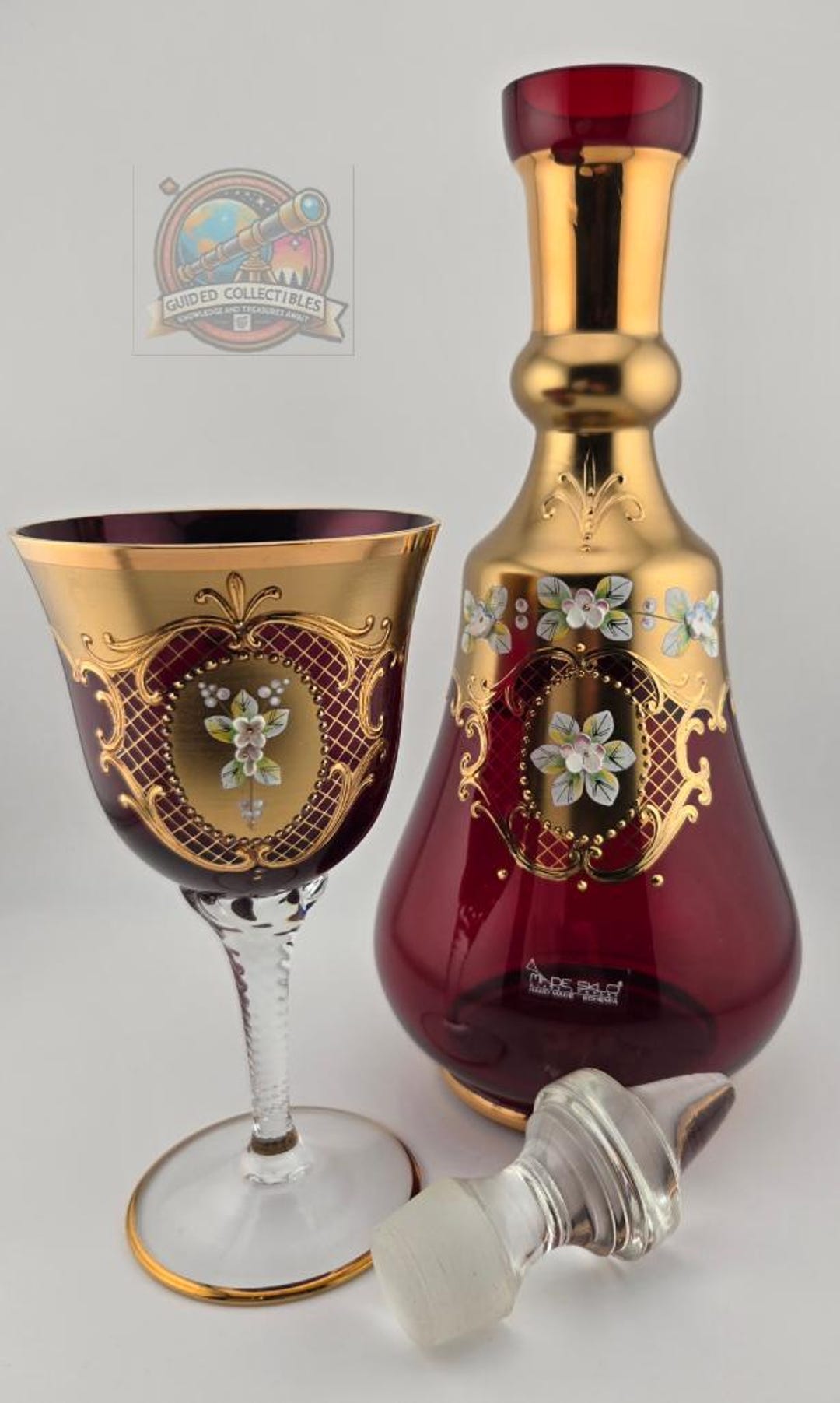 Bohemian Ruby Glass Decanter & Goblet Set | Made Skló Hand-painted Gold ...