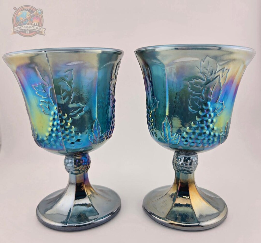 Vintage Blue Carnival Glass Goblets – Grape & Vine Pattern – Set of 2 ...