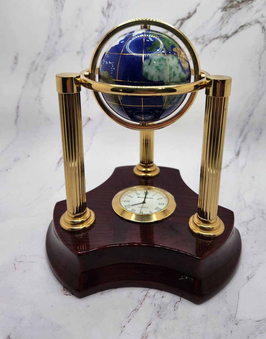 Elegant Desk Globe With Benchmark Quartz Clock Gold-tone Pillars & Wood ...