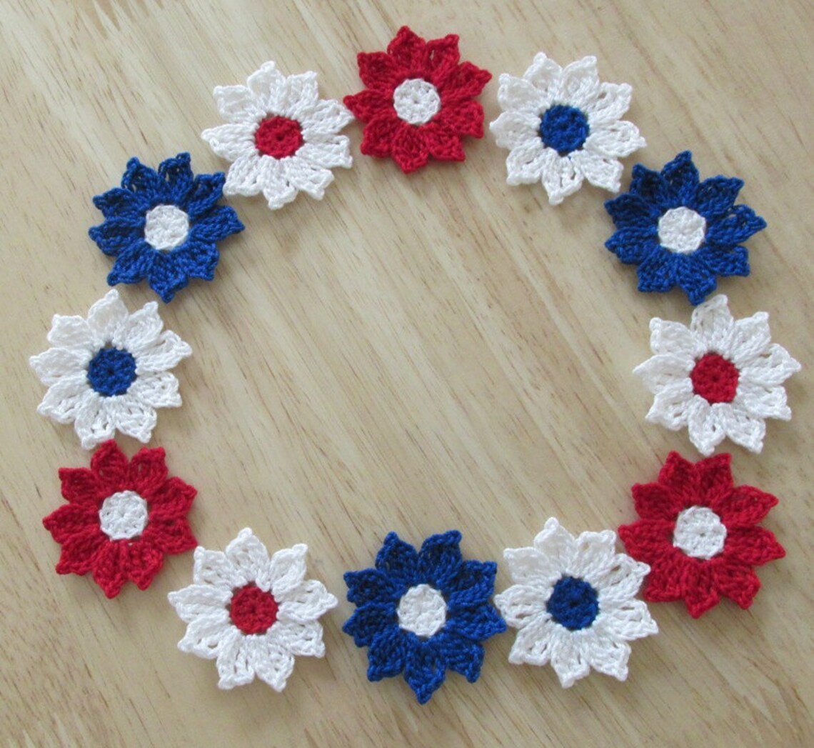 Red White and Blue Crochet Daisy Flowers, Handmade, Embellishments ...