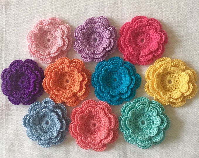 Crochet Flower Appliques, Three-layer Flowers, Set of 10 - Etsy