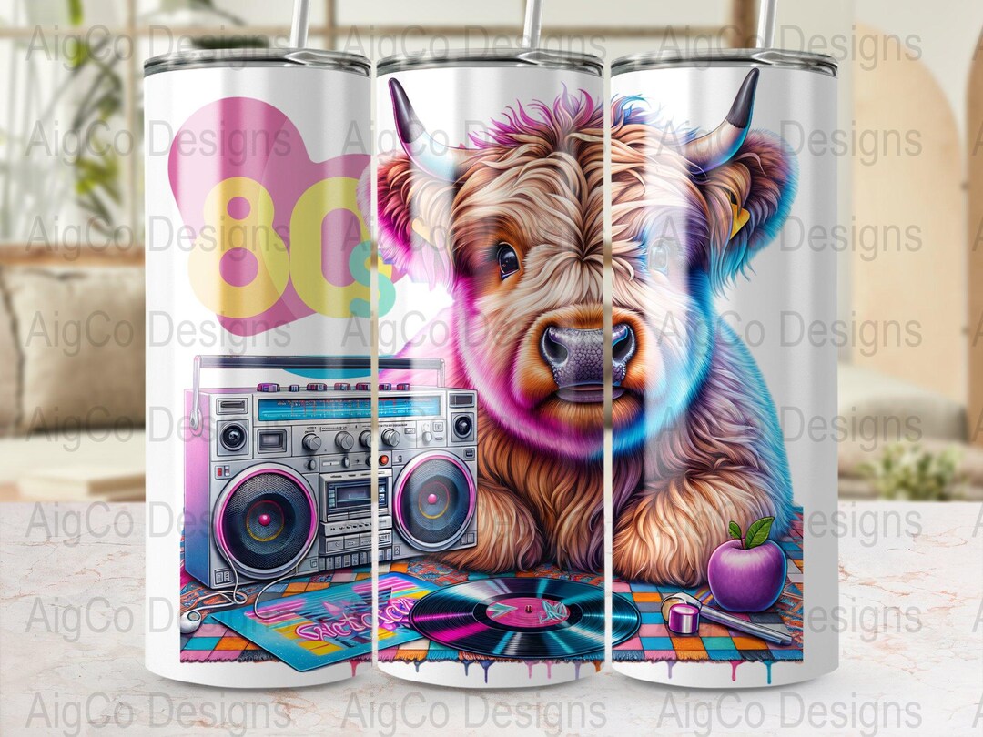 80s Cow Tumbler Wrap, Retro Boombox Skinny Tumbler, Neon Pastel Cute ...