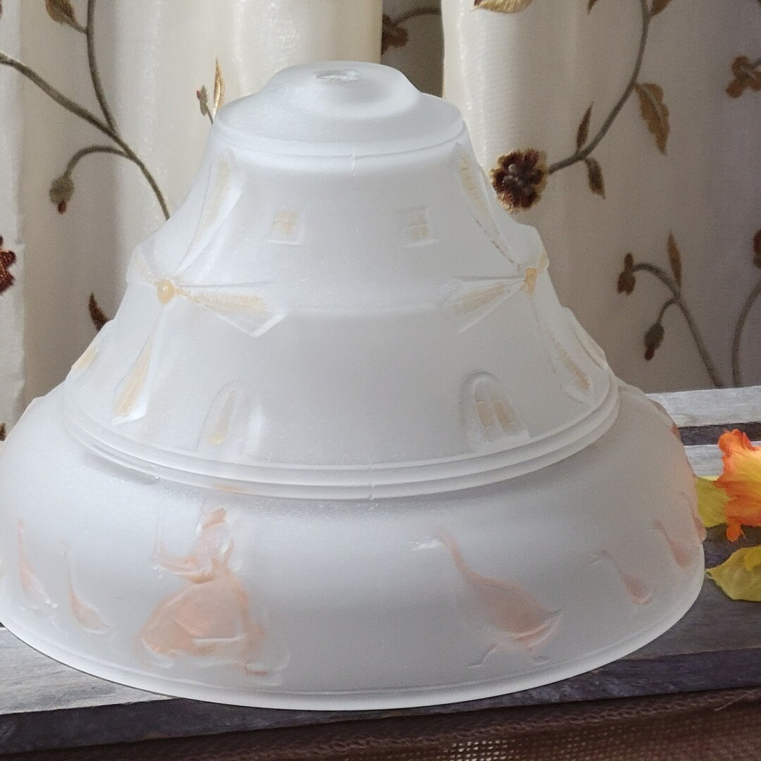 Frosted and Painted Glass Lamp Shade Duck and Windmill Design Vintage ...