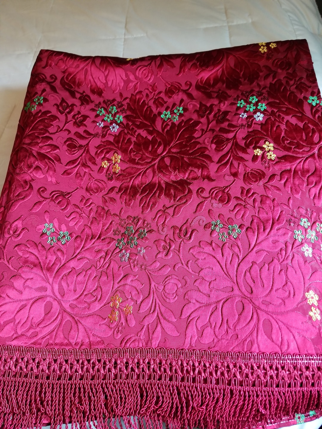 Burgundy Brocade Bedspread With Blue Green and Yellow Embroidered ...
