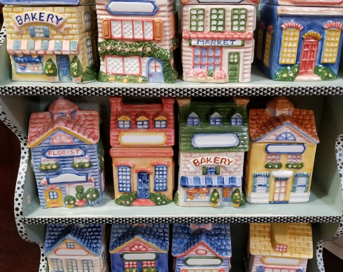 Avon Spice Rack and Jars Set of 12 Ceramic Houses and Shelf 1980s Spice ...