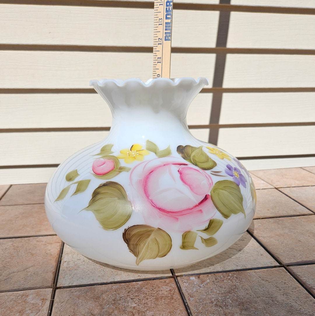 Very Large Huge Vintage Milk Glass Lamp Shade Hand Painted Floral ...