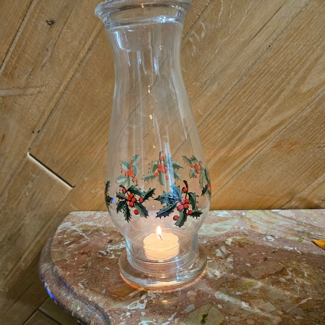Anchor Hocking Candle Lights Christmas Holly and Berry Pattern Base and Chimney - Etsy