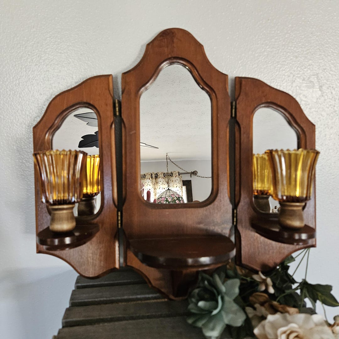 Vintage Mirrored Wall Sconces and Shelf Wood Sconces Hinged Wall Unit ...