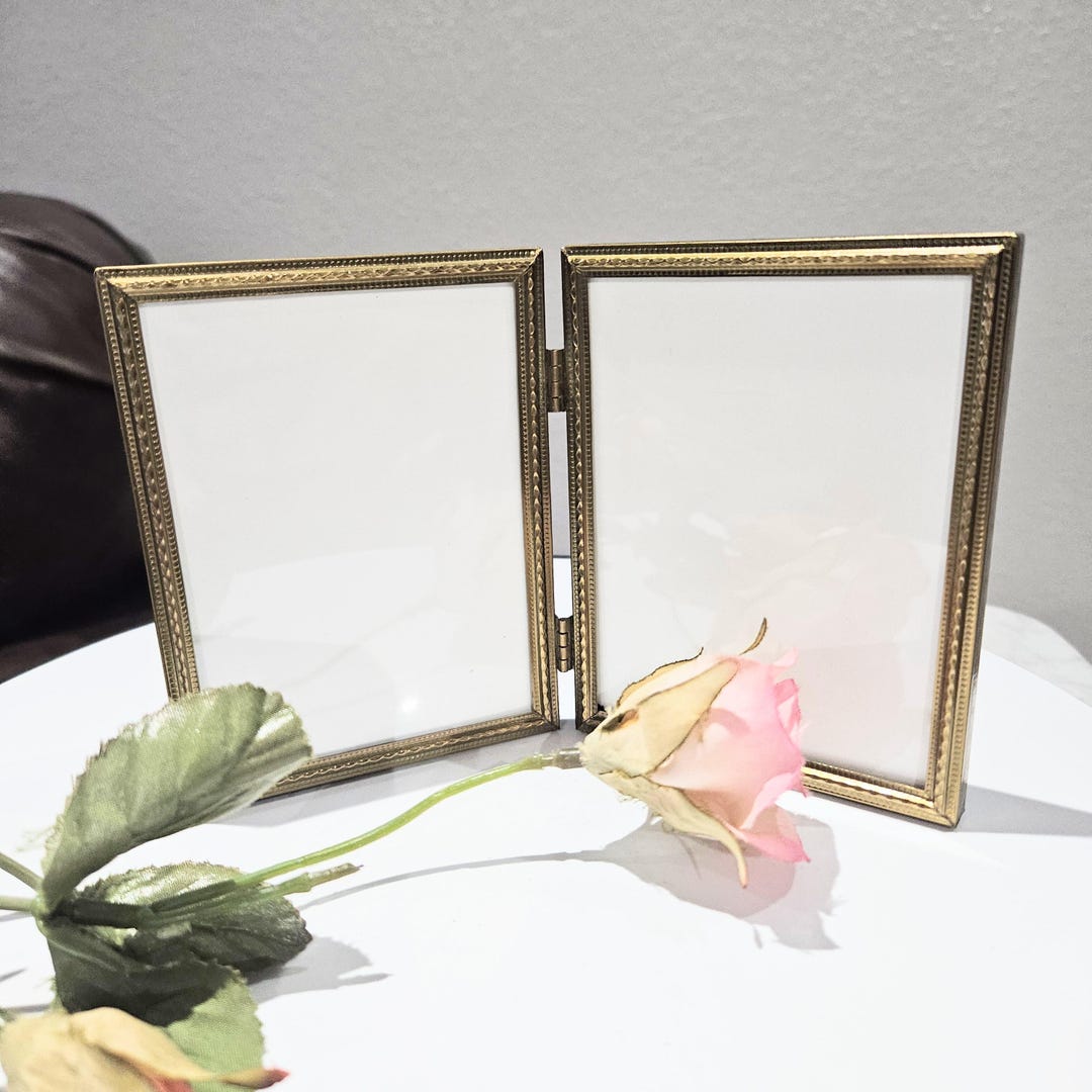 Vintage Gold Tone Bi-fold Picture Frame: Embossed Metal Hinged Photo ...