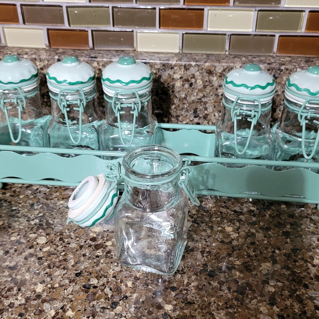 Vintage Metal Spice Rack and 6 Glass Jars With Bale Closure Spice Jars ...