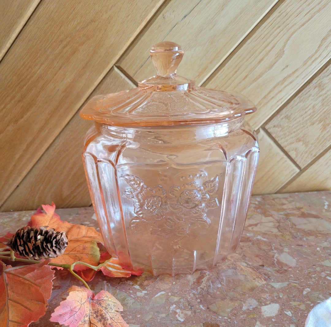 Depression Pressed Glass Cookie Jar and Lid Mayfair Pink Anchor Hocking ...
