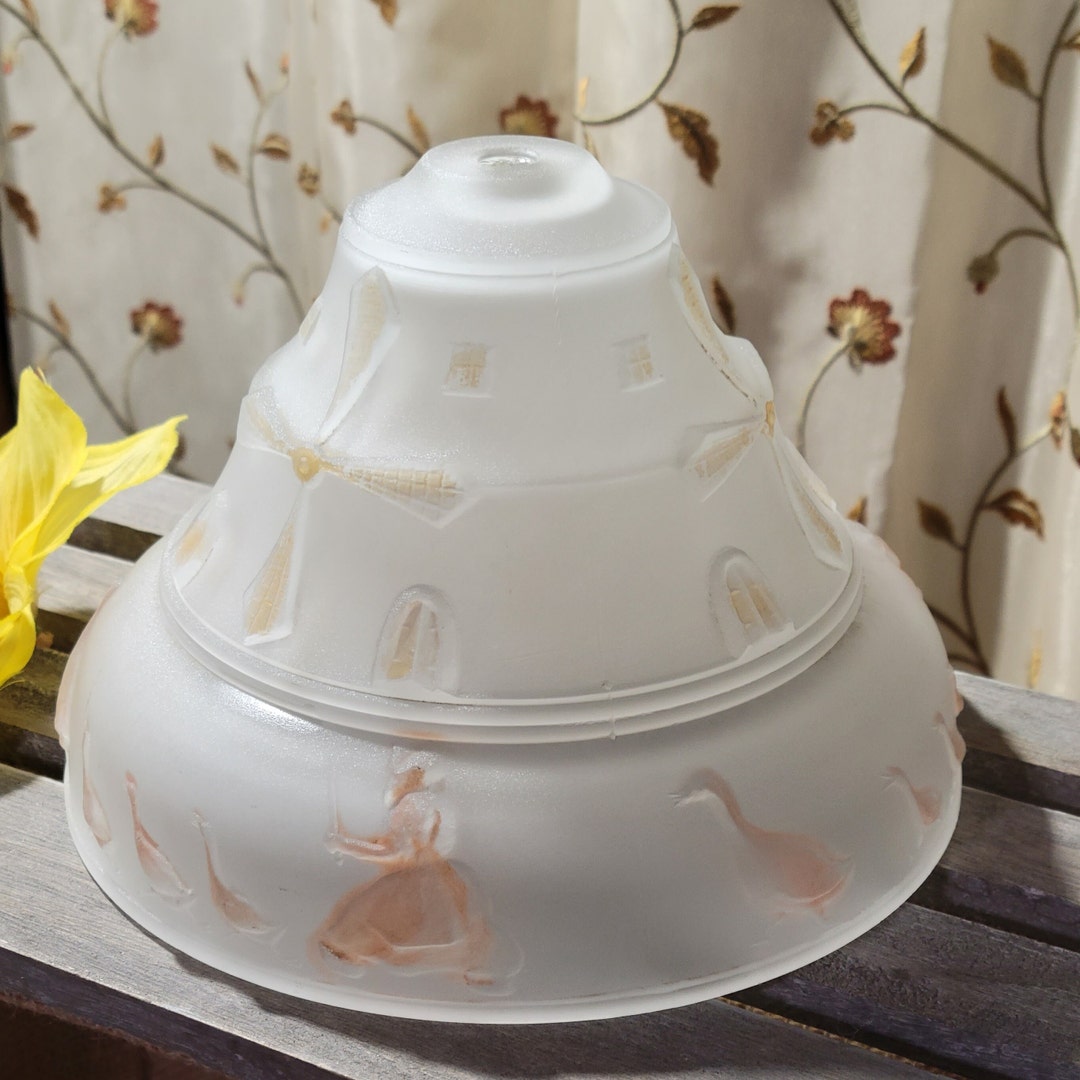 Frosted and Painted Glass Lamp Shade Duck and Windmill Design Vintage ...
