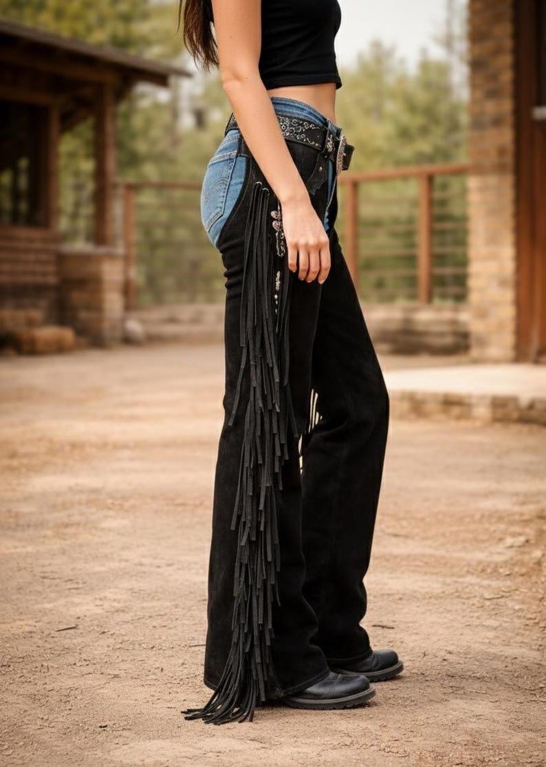Women’s Western Black Suede Leather Chaps With Fringe | Cowboy Rodeo ...