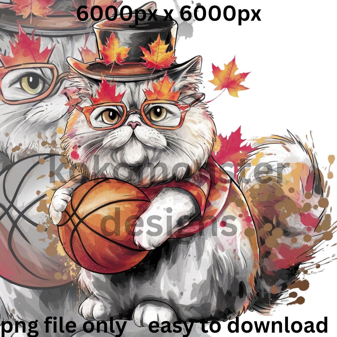 Persian Cat Basketball Art PNG | Watercolor Maple Leaf Design (digital ...