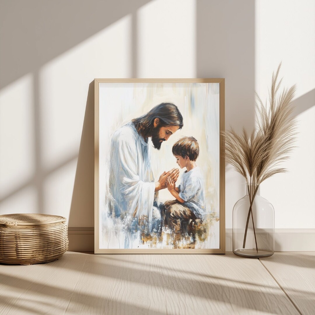 Jesus and Little Boy Praying Christian Art Jesus Poster Bible Painting ...