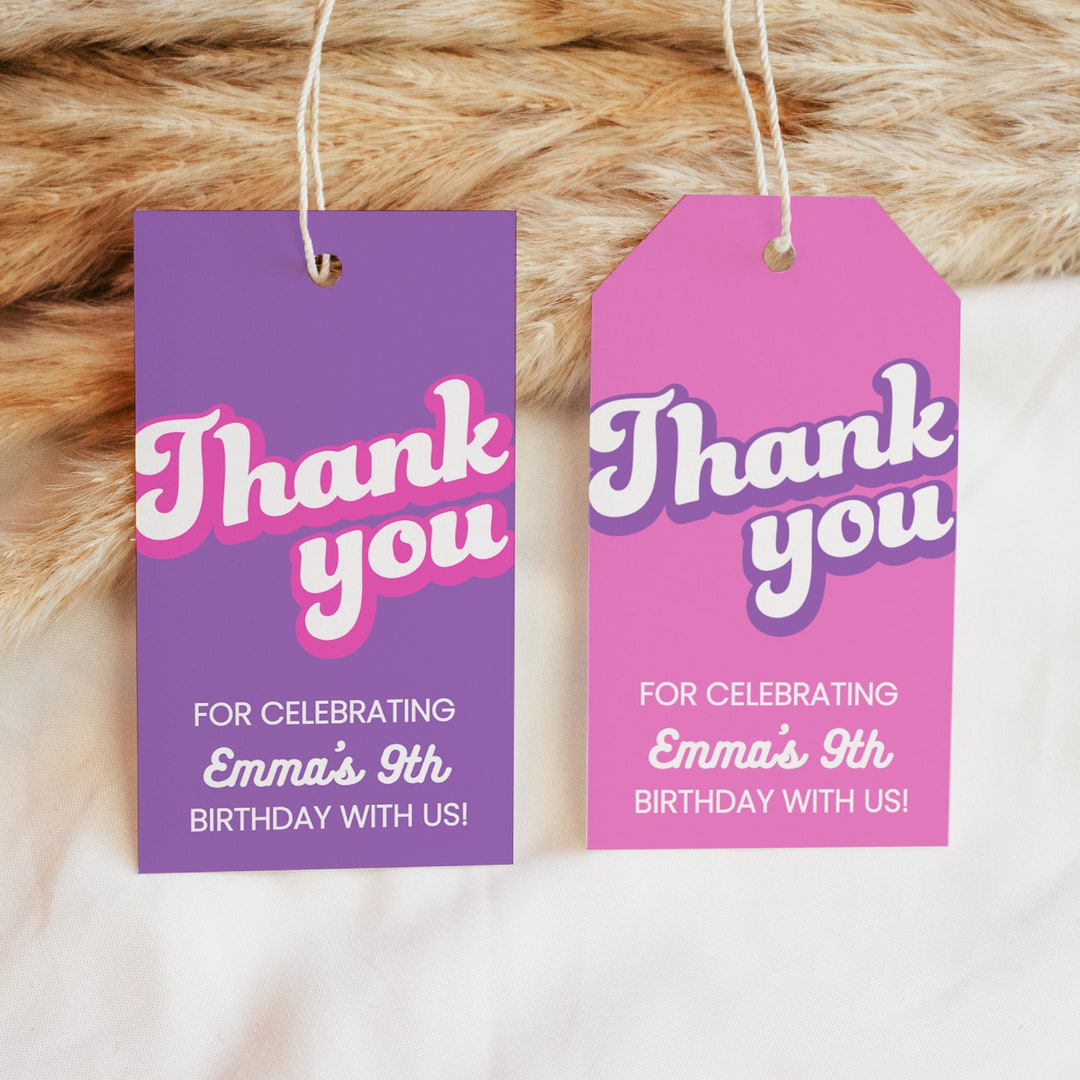 Retro Hot Pink and Purple Thank You Favor Tags, Retro Birthday Party ...