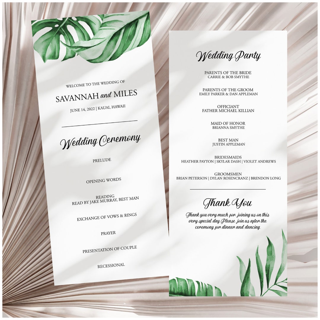 Tropical Palm Leaf Wedding Program Beach Wedding Ceremony - Etsy