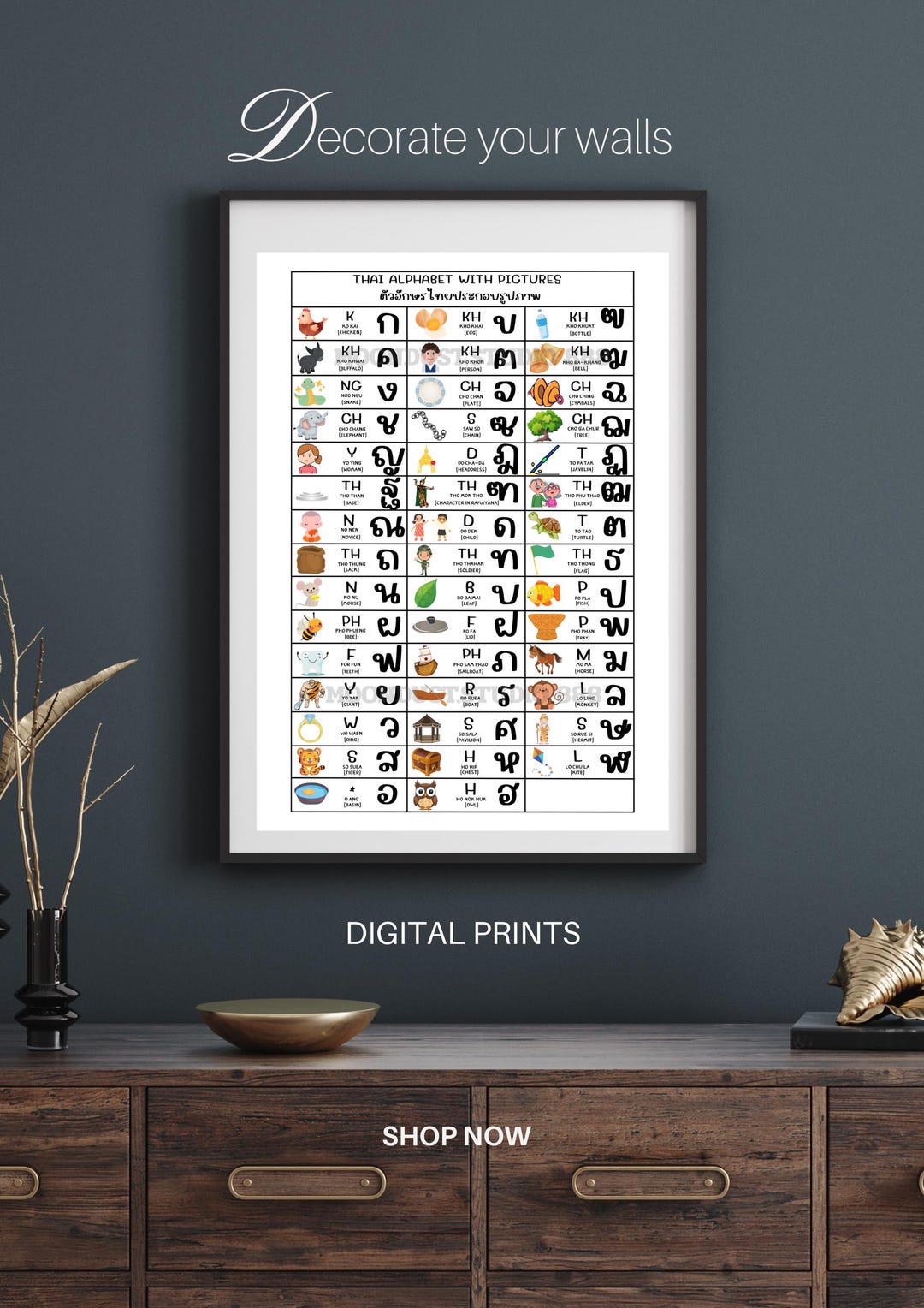 Thai Alphabet Printable Poster | Thai Consonants Chart With Pictures ...