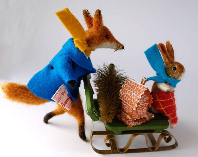 Original Needle Felted Festive Fox and Rabbit With Sledge - Etsy