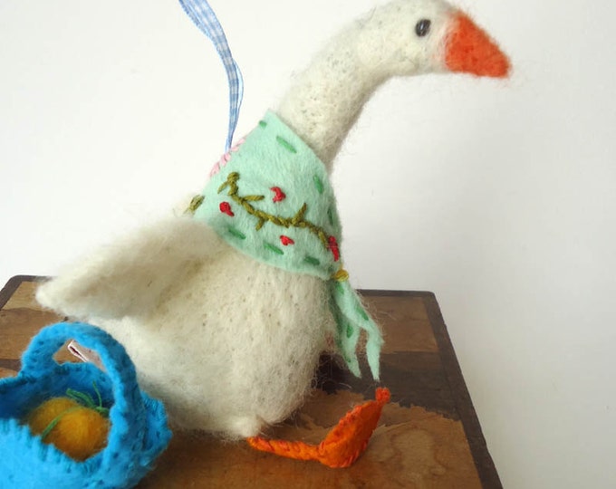 Needle Felted Goose With Blue Basket and Orange Gift - Etsy