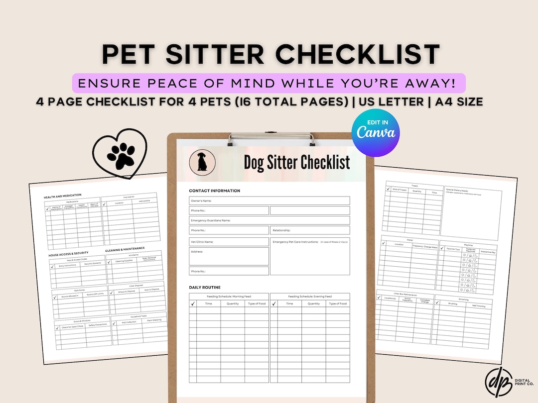 Pet Sitter Checklist Digital Download Editable Pet Care Template ...