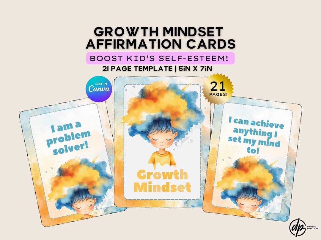 Growth Mindset Positive Affirmation Cards for Kids Download Editable ...