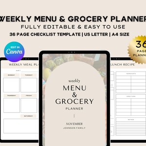 Weekly Menu and Grocery Planner | Editable Meal Planning Guide ...