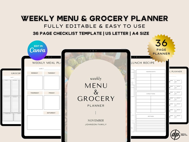 Weekly Menu and Grocery Planner | Editable Meal Planning Guide ...