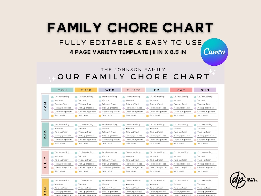 Editable Family Chore Chart: Customizable Household Task Tracker (canva ...