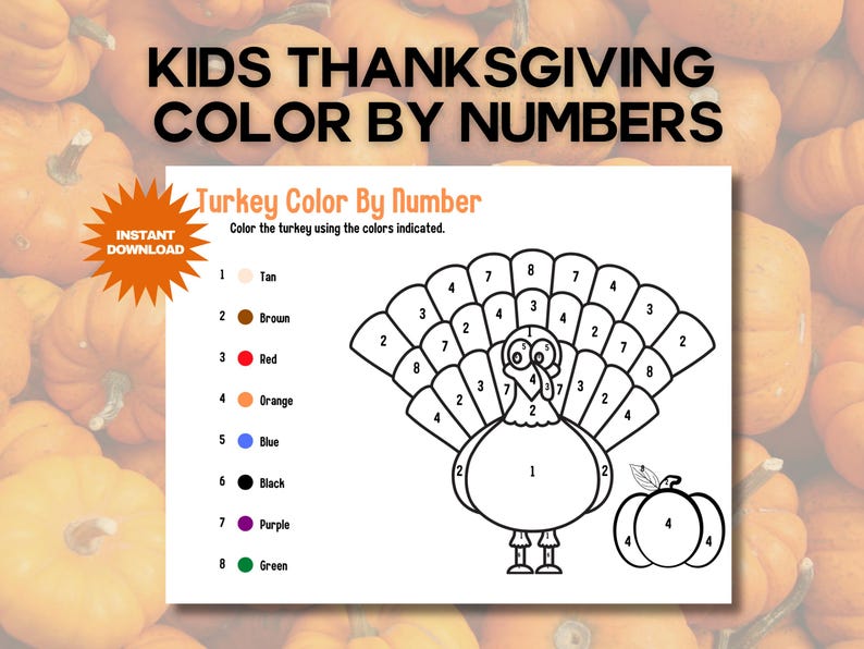 Kids Thanksgiving Color by Numbers Activity Download Instant Fun ...