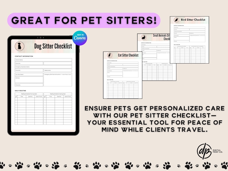 Pet Sitter Checklist Digital Download Editable Pet Care Template ...