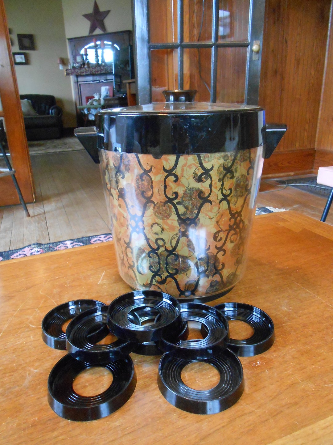 Vintage Thermoserv Ice Bucket Geometric Funky Design Black Gold Orange ...