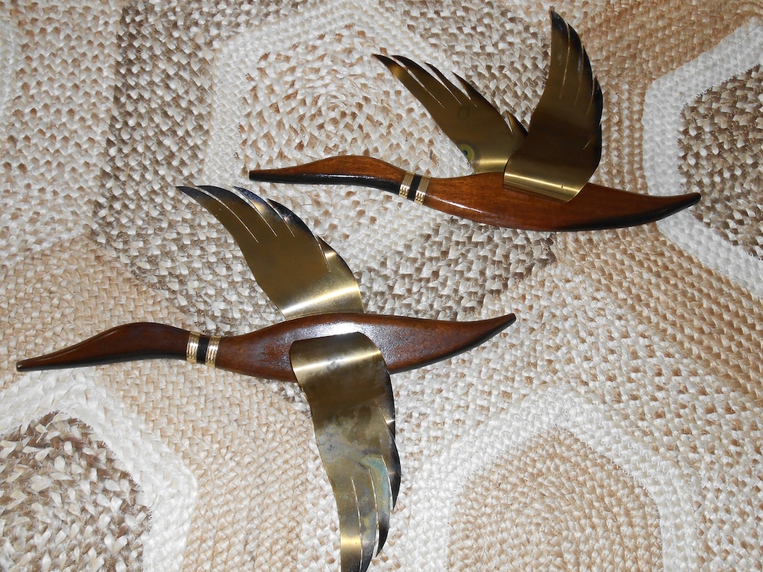 Vintage Set of Two Teak Copper Ducks in Flight Wall Hanging, Mid ...