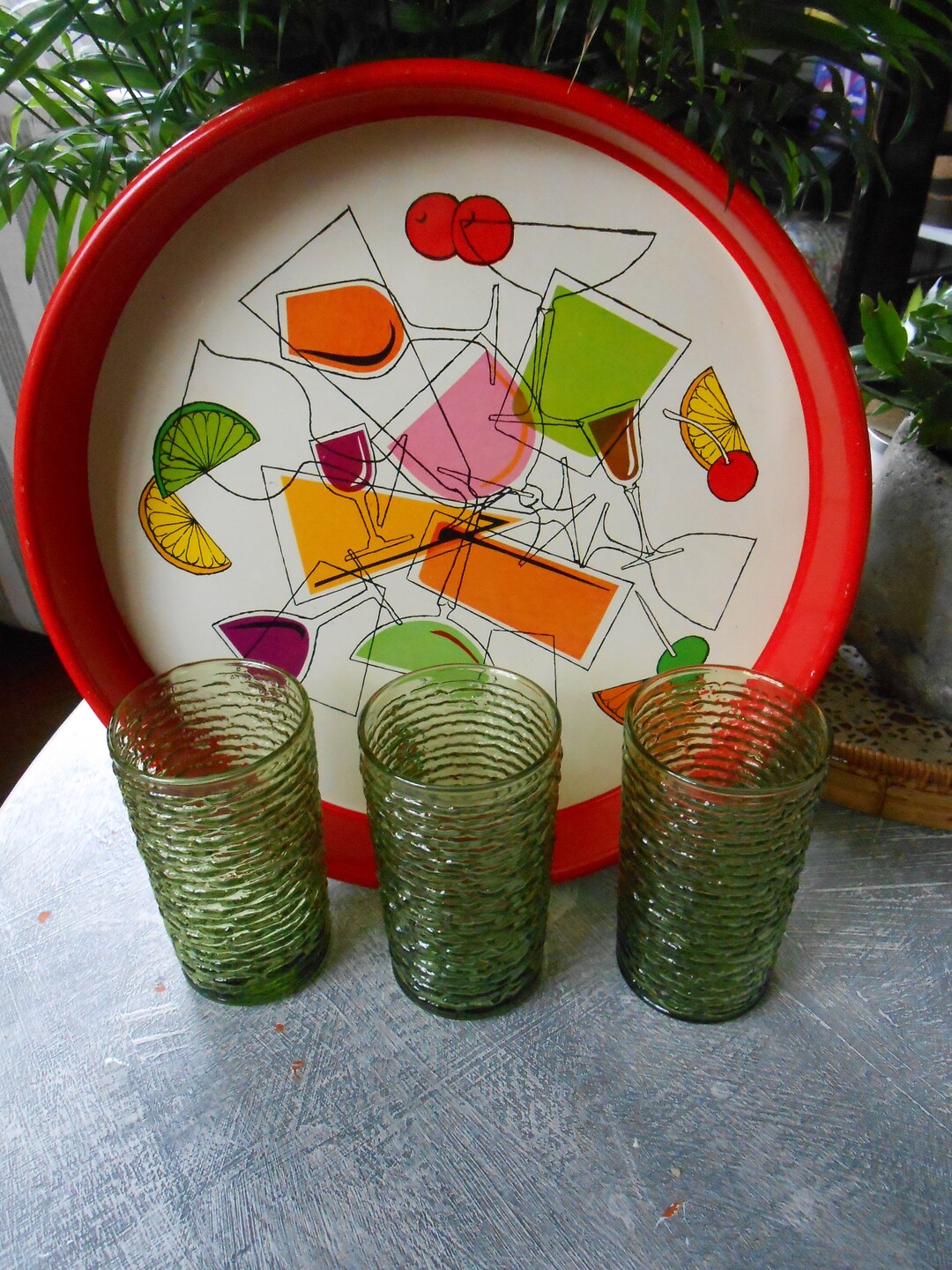 MCM Cocktail Serving Tray Retro Cocktail Graphics Vintage Barware Round ...