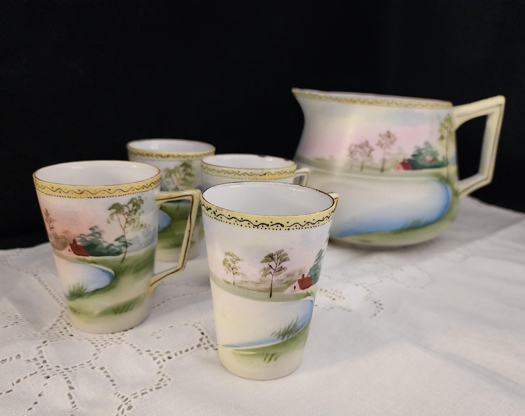 Antique Nippon Hand-painted Lemonade Set: Pitcher & 4 Gold-accent Cups ...