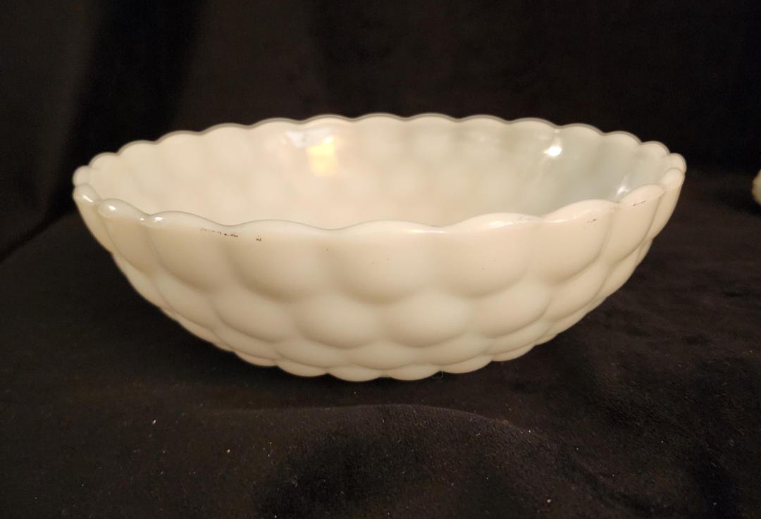 Vintage 1950's Anchor Hocking Bubble Pattern Milk Glass Bowl Scalloped ...
