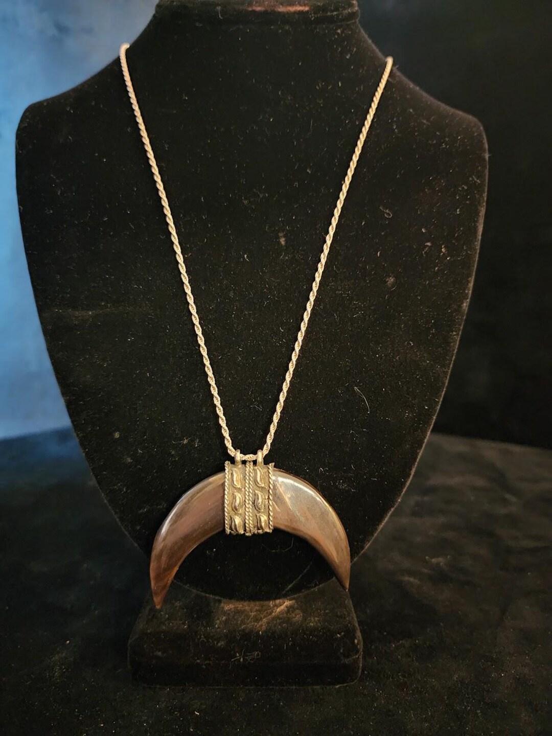 Vintage Stone Carved as a Cresent Moon With a 34" Sterling Silver Chain ...