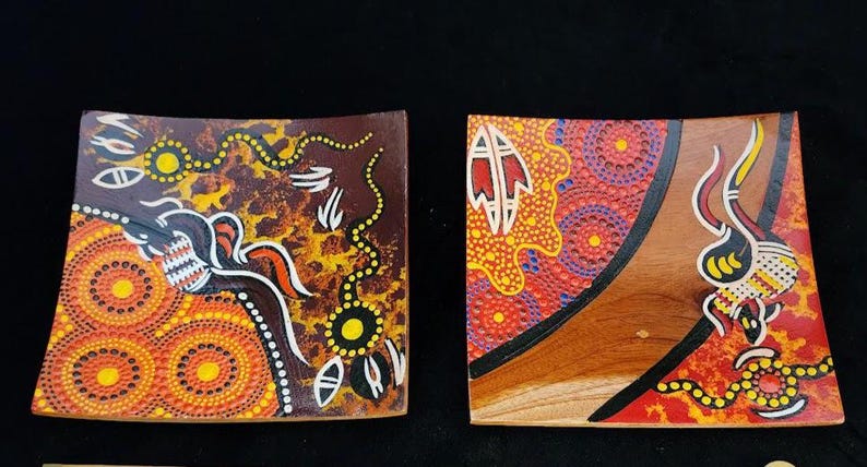 Vintage Australian Aboriginal Abstract Art Painted Teak Wood Trays - Etsy