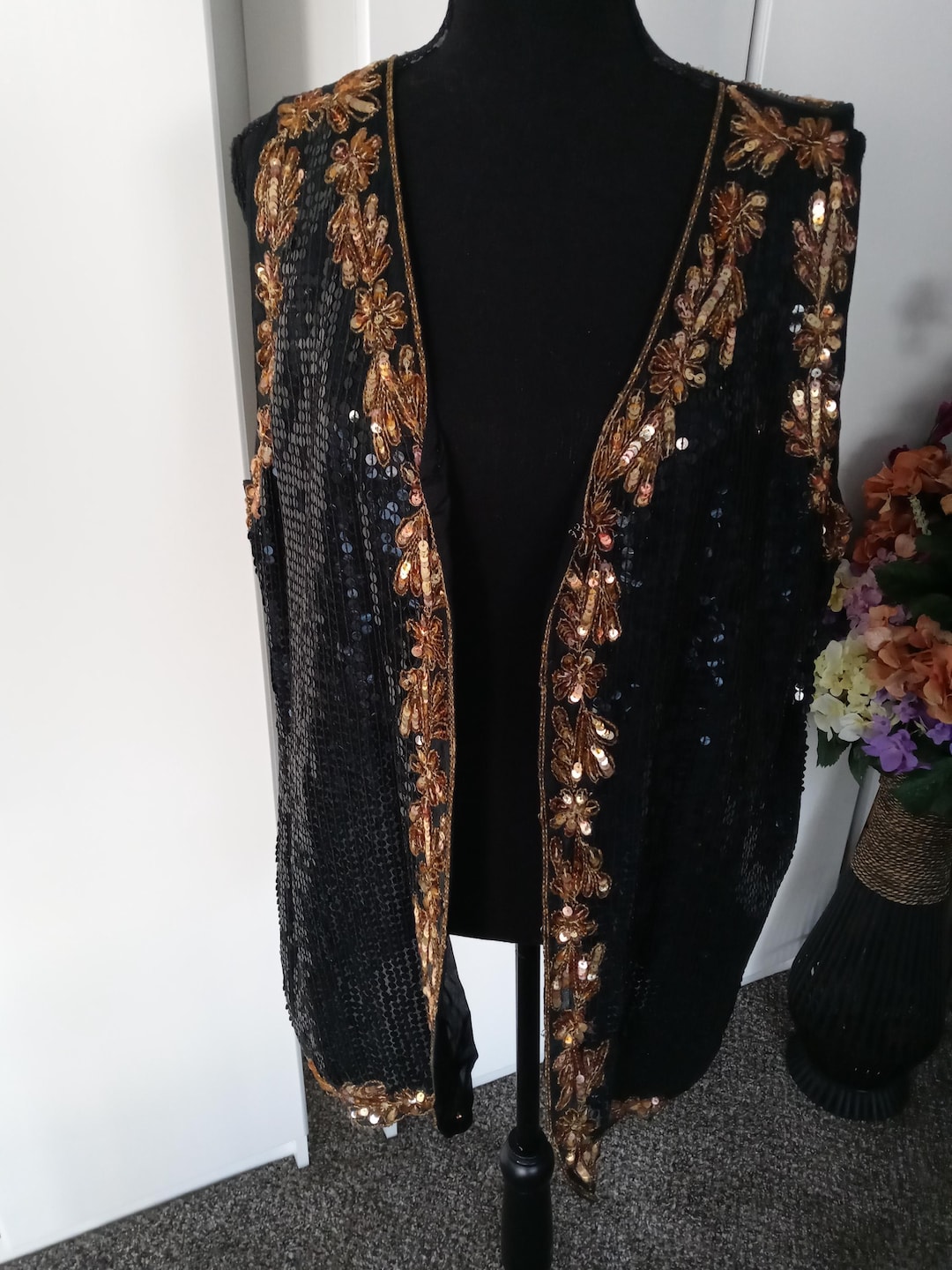 Vest Sequin Vest Black Gold Vest Fully Sequined Vest Sequin on Silk ...