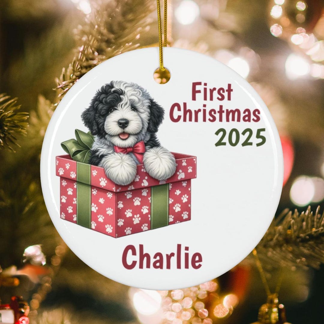 Personalized Sheepadoodle Puppy Christmas Ornament - Black and White ...