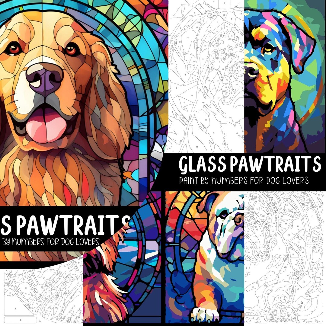 Stained Glass Dogs - Paint by Numbers Book | 20 Dog Breeds | Printable ...