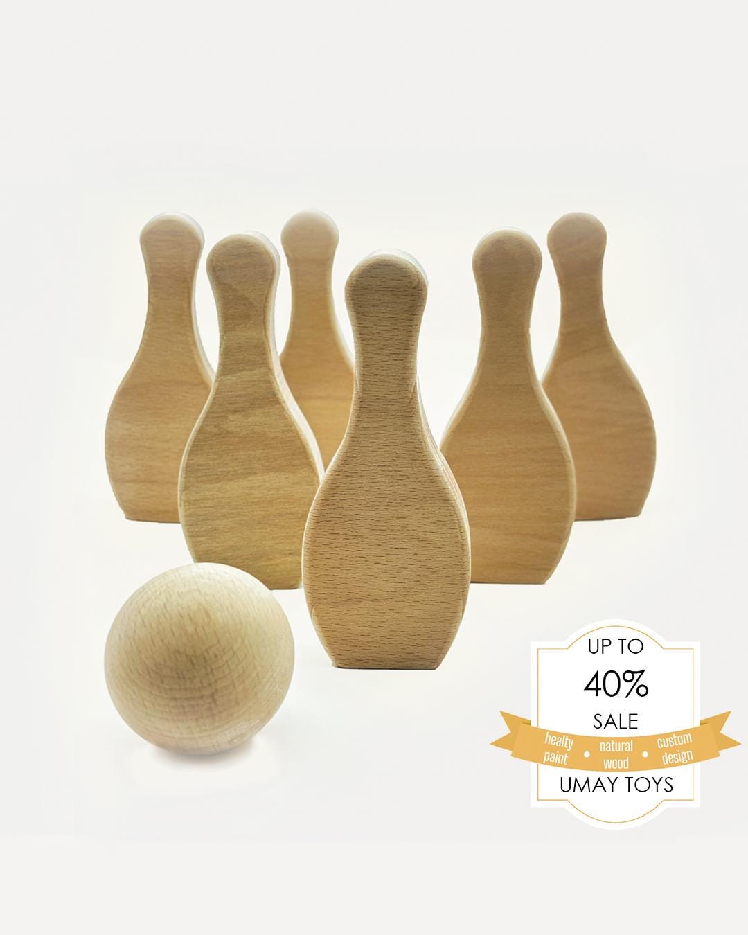Wooden Bowling Pin Toy Set - 6 Pins, 1 Ball - Toddler's Birthday Gift ...