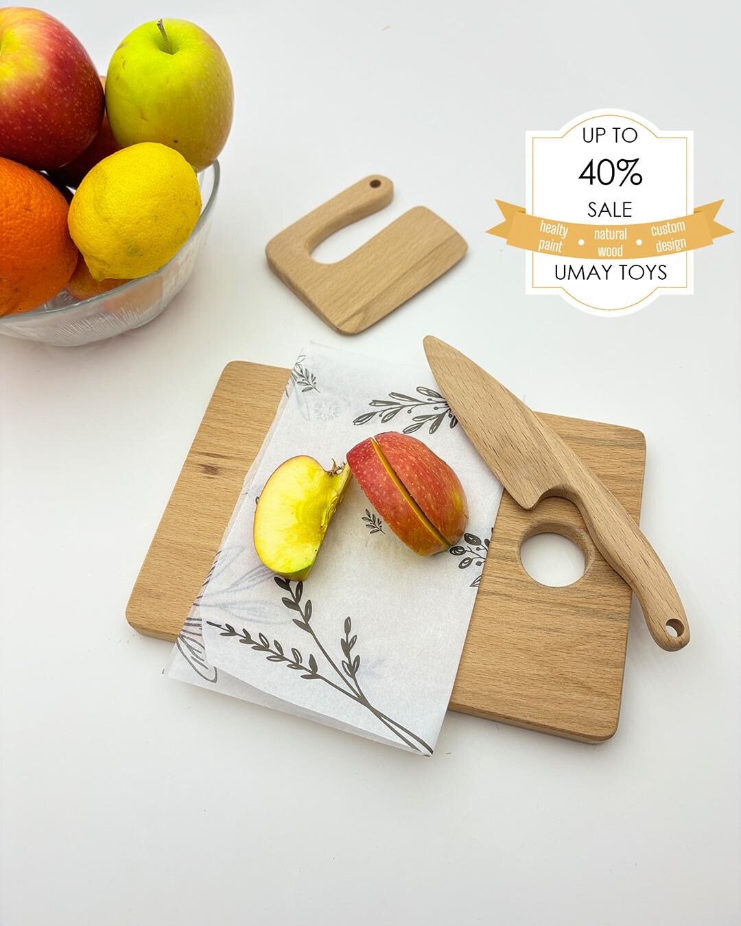 Montessori Kids' Kitchen Set, Wooden Knife and Cutting Board, Wooden ...