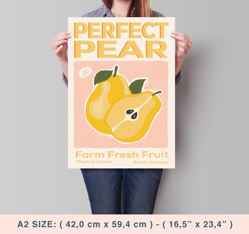 Vintage Pear Poster, Farm Fresh Fruit, Retro Artwork, High Quality ...