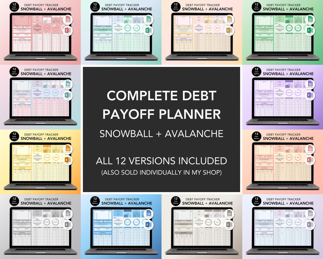 Debt Payoff Tracker – 12-color Bundle – Excel & Google Sheets ...
