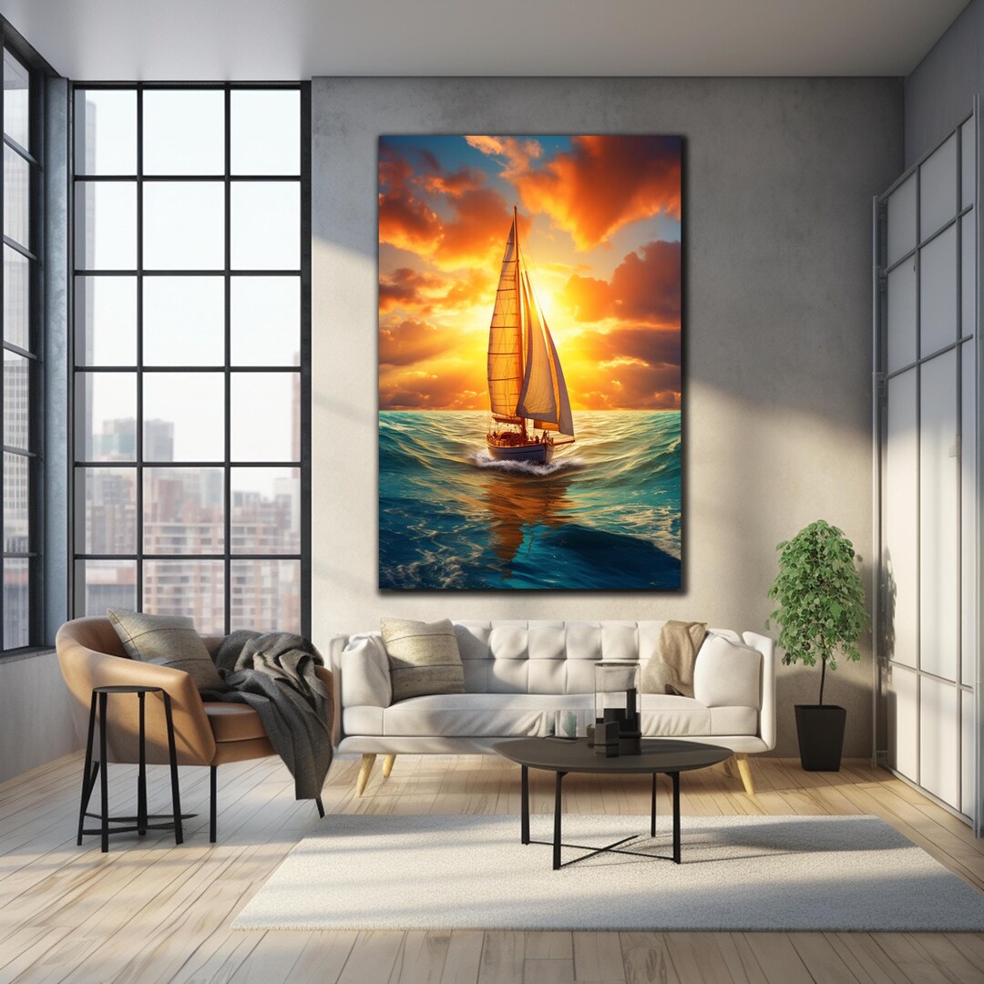 Pirate Ship Art, Ocean Framed Wall Art, Wavy Sea Wall Decor, Sunset Wall Art, Ship Landscape ...