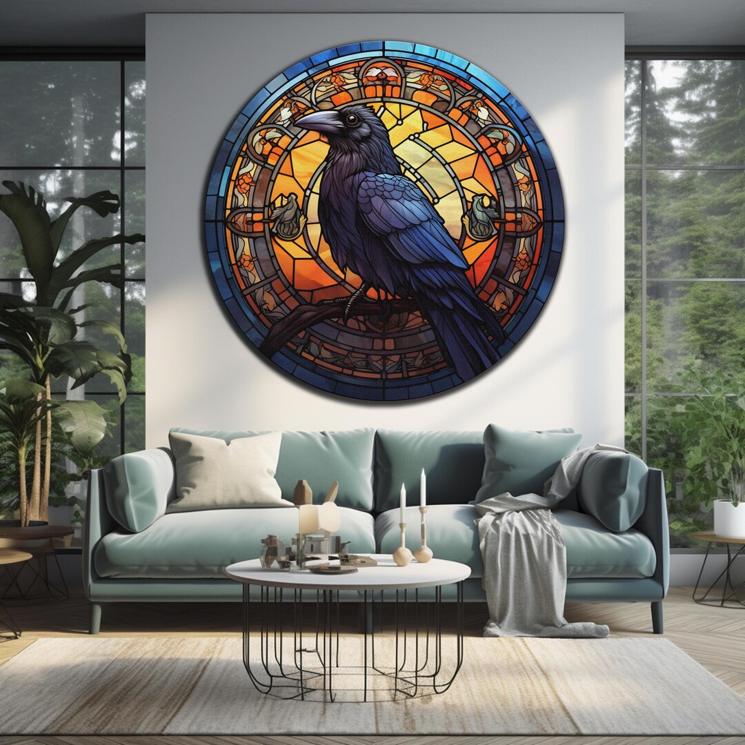 Crow Wall Art, Black Crow Raven Circle Glass Art, Glass UV Print, Crow ...