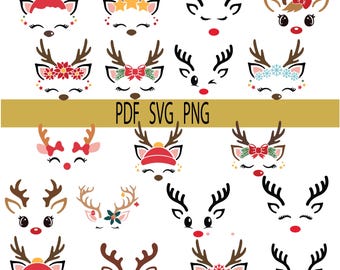 Christmas Reindeer Faces Svg Png Bundle, Girl Reindeer Svg, Boy ...