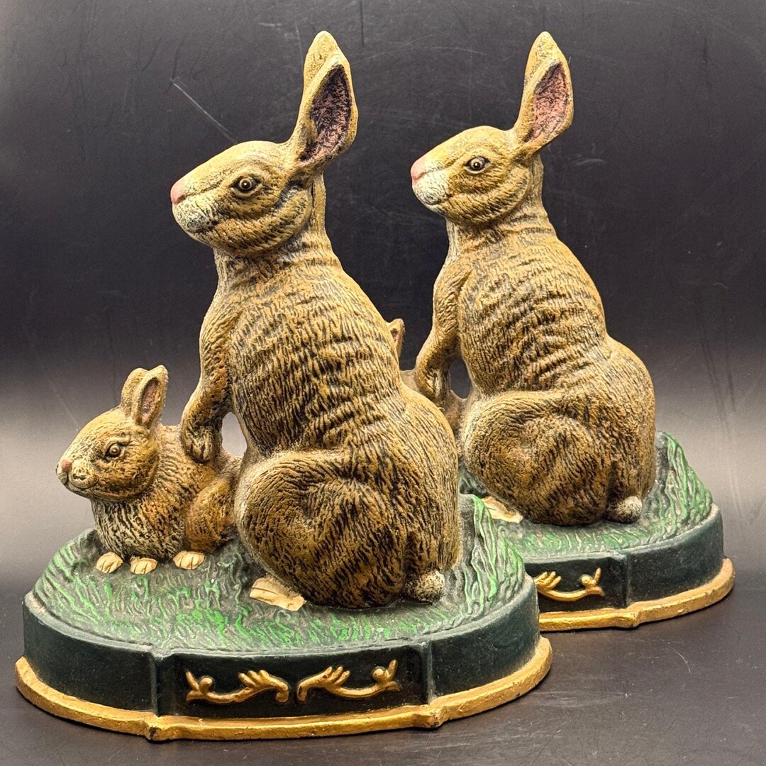 Vintage Cast Iron Hare & Baby Leveret Rabbit Painted Bookends/door ...