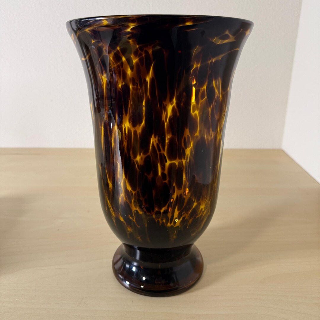 Vintage Murano Style Tortoise Shell Blown Art Glass Vase 10" Tall Amber ...